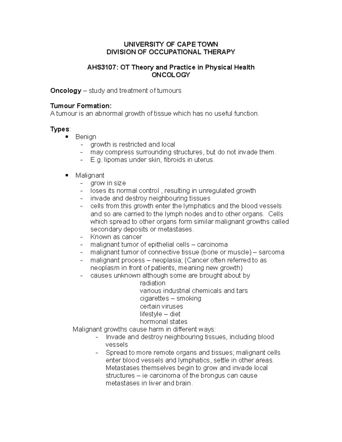 Oncology summary notes - UNIVERSITY OF CAPE TOWN DIVISION OF ...
