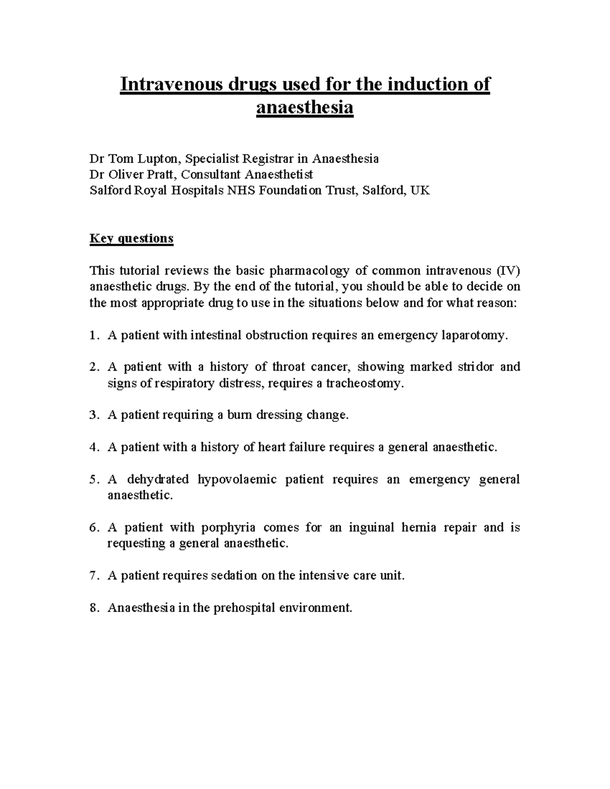 FRCA - IV induction agents - Intravenous drugs used for the induction ...
