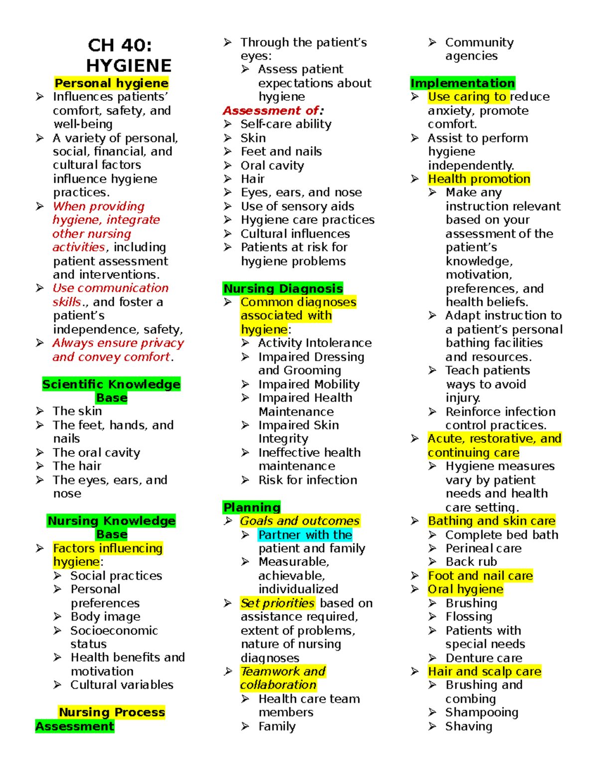 CH 40 Hygiene PP Outline - CH 40: HYGIENE Personal hygiene Ø Influences ...