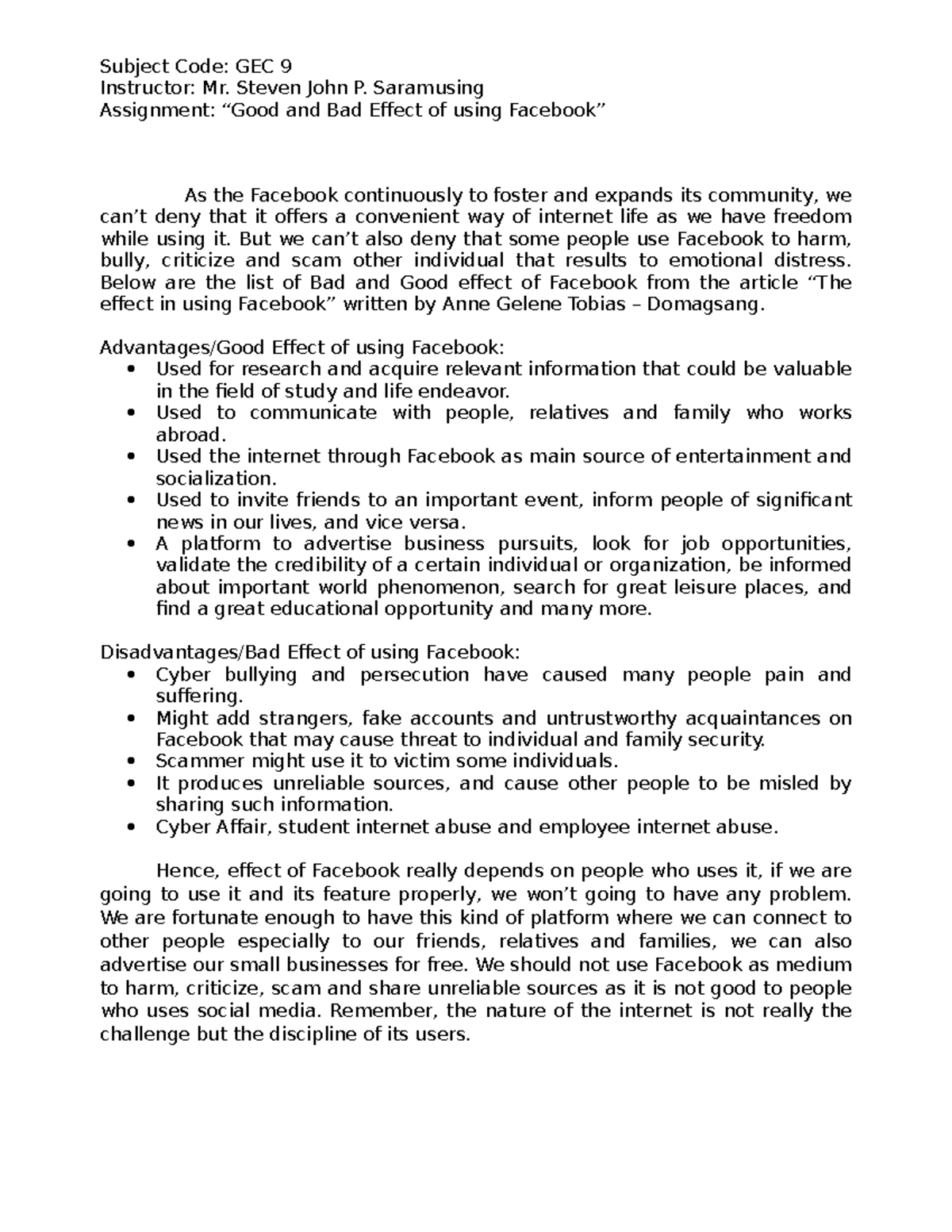 The Effects of using the Facebook - Subject Code: GEC 9 Instructor: Mr ...