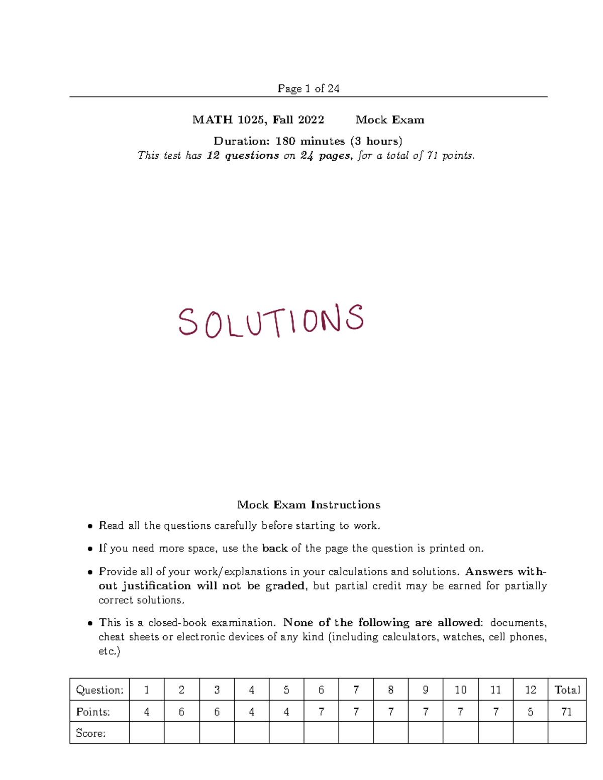 Mock Exam Solutions - Mock Exam for the whole course - MATH 1025, Fall ...