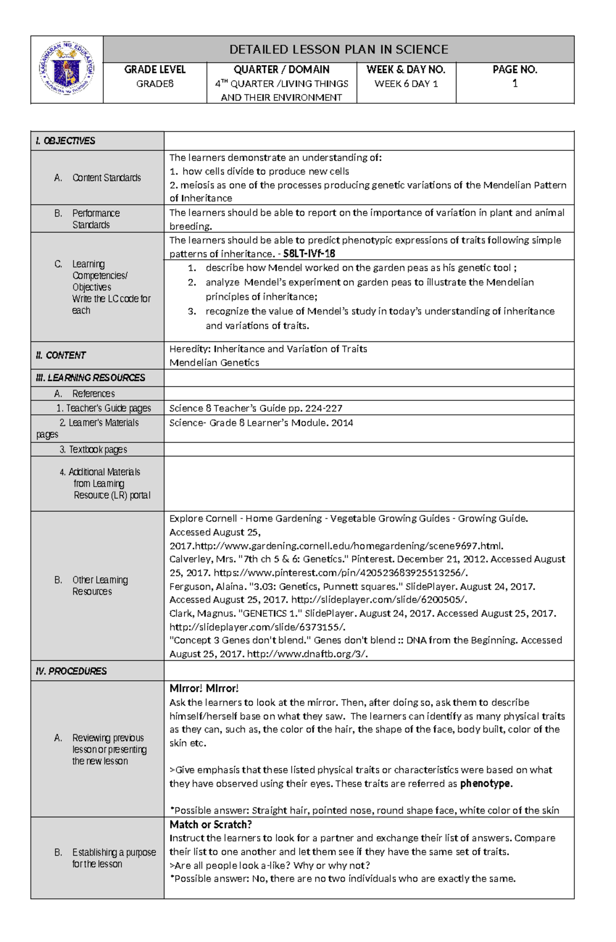 412460159 detailed lesson plan in science 8 - GRADE LEVEL GRADE QUARTER ...