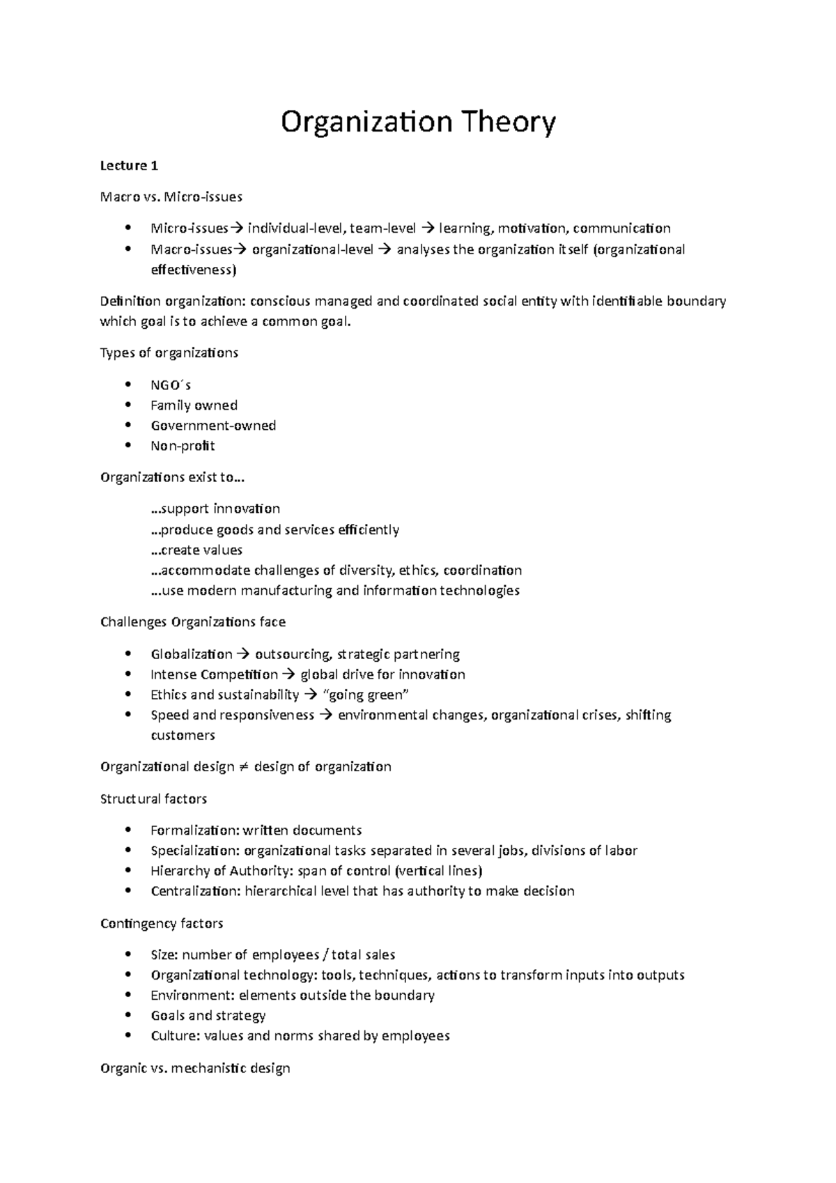 Organization theory - summary - Organization Theory Lecture 1 Macro vs ...