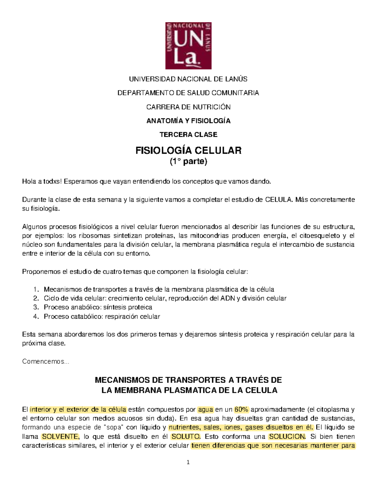 Texto guía. Clase N° 3 Fisiología celular subrayado - Warning: TT: undefined function: 32 ...