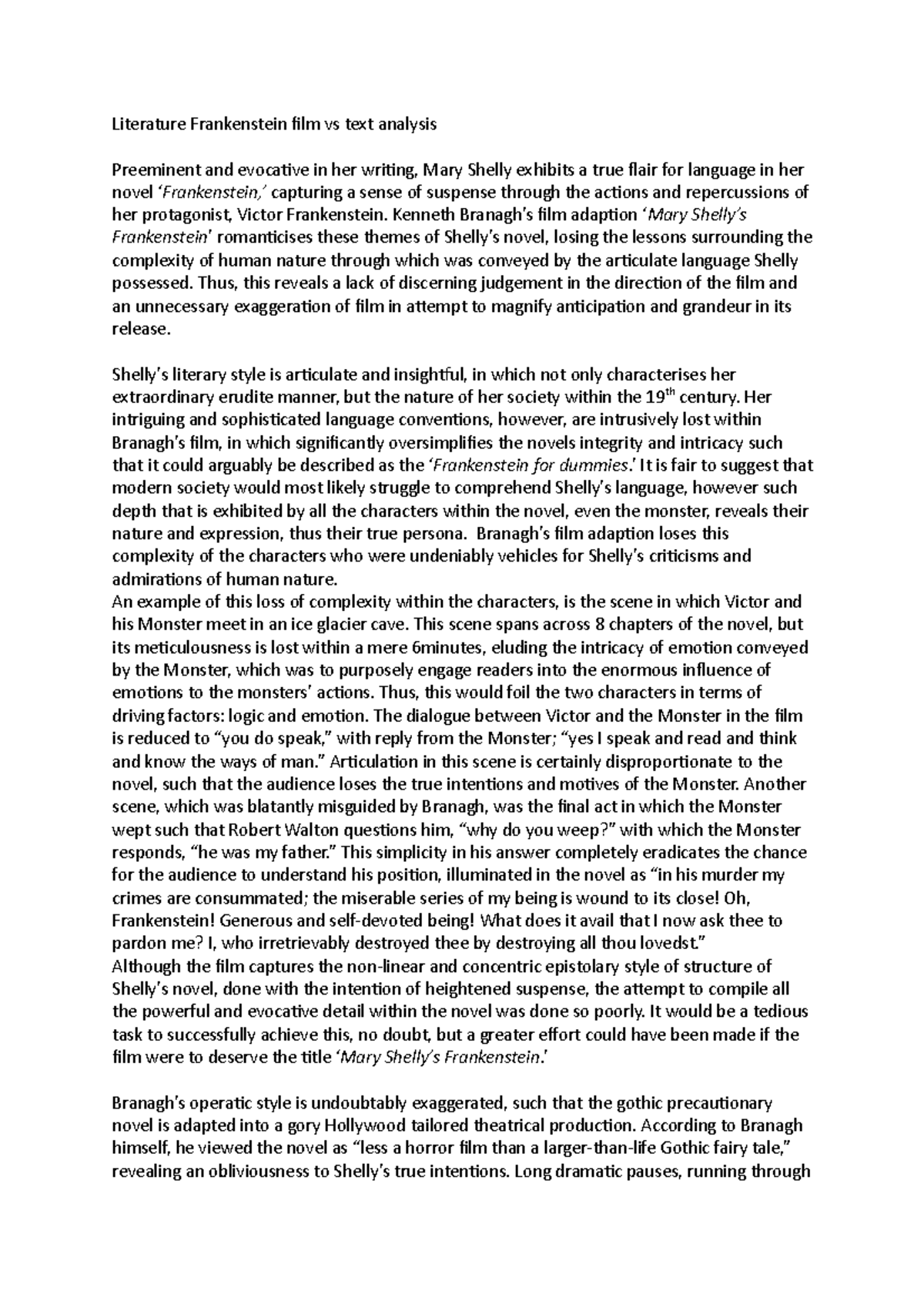 Frankenstein text vs 'Mary Shelly's Frankenstein' film analysis ...