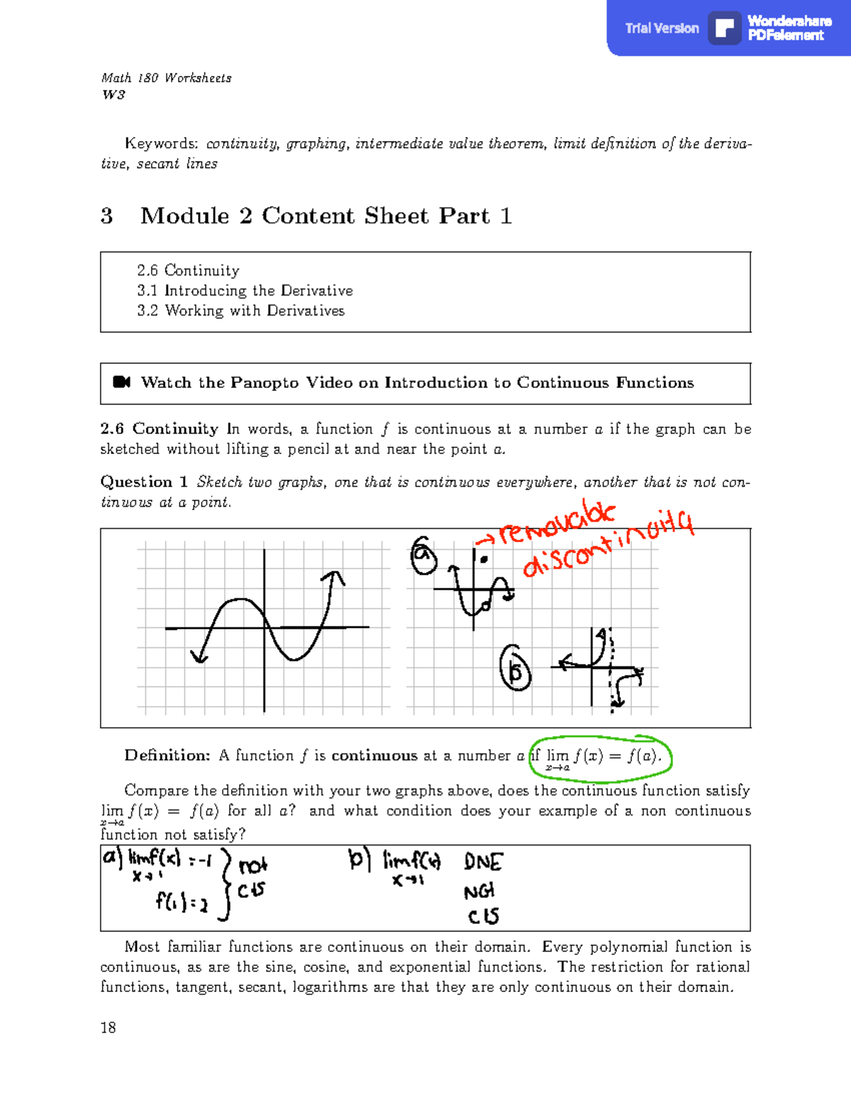 Module 2 Part I - Lecture notes 1 - W Keywords:continuity, graphing ...