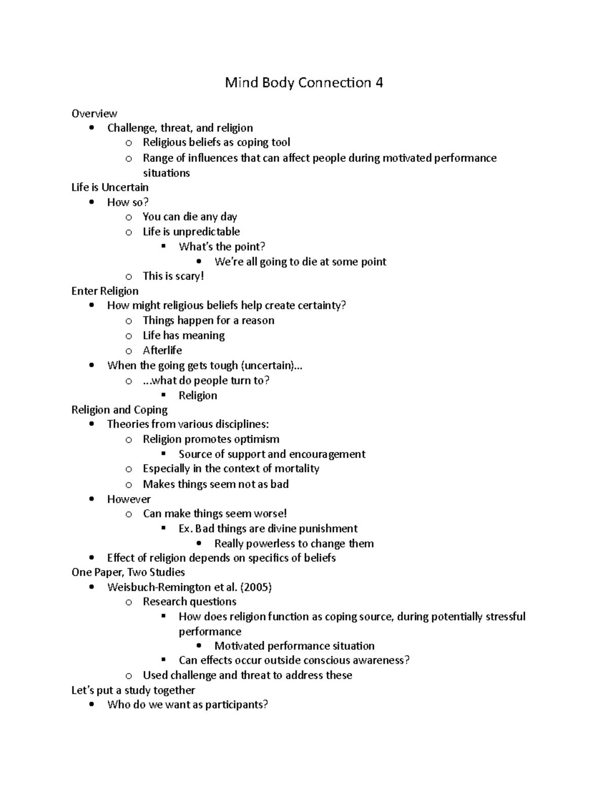Mind Body Connection 4 - Lecture notes Unit 4 - Mind Body Connection 4 ...