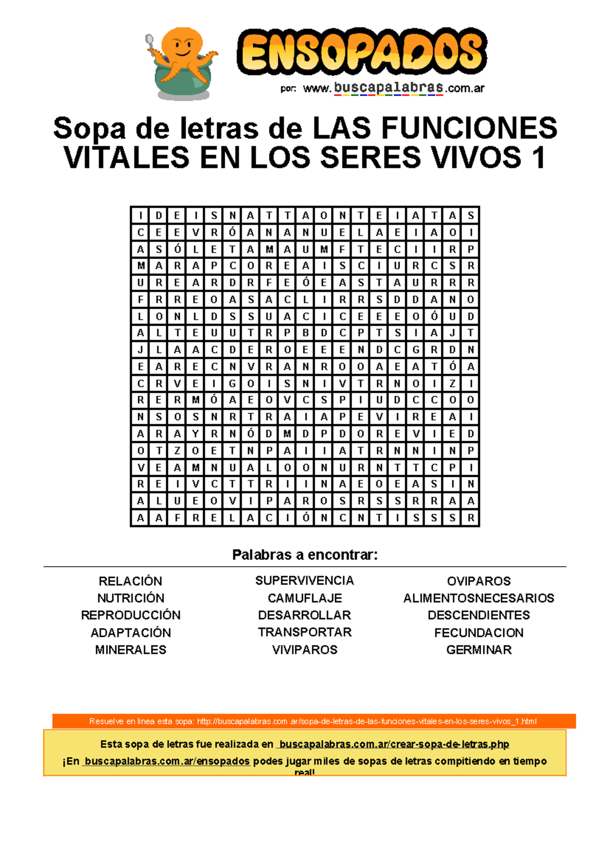 Sopa de letras de las funciones vitales en los seres vivos 1 - Sopa de ...