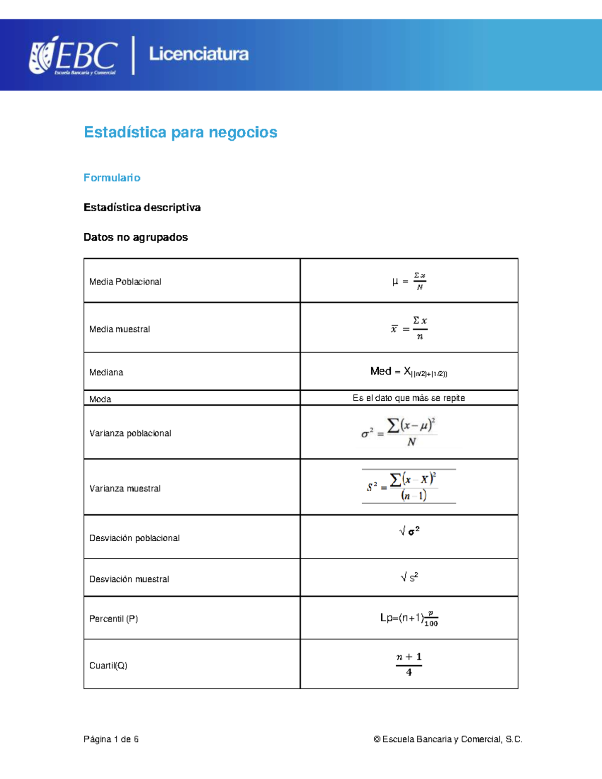 Formulario-Estadistica - Estadística para negocios Formulario Estadística descriptiva Datos no ...