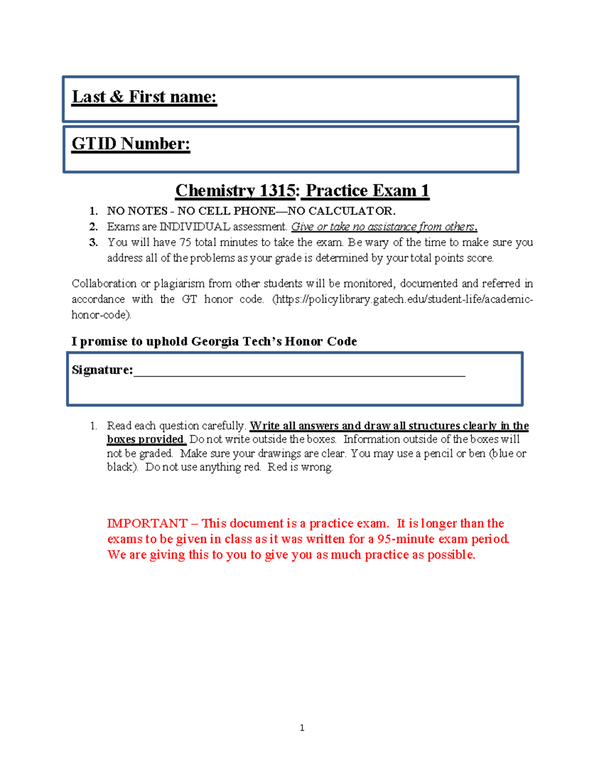 CHEM 1315- Exam 1 Practice - Fall 2023 - Last & First name: GTID Number ...
