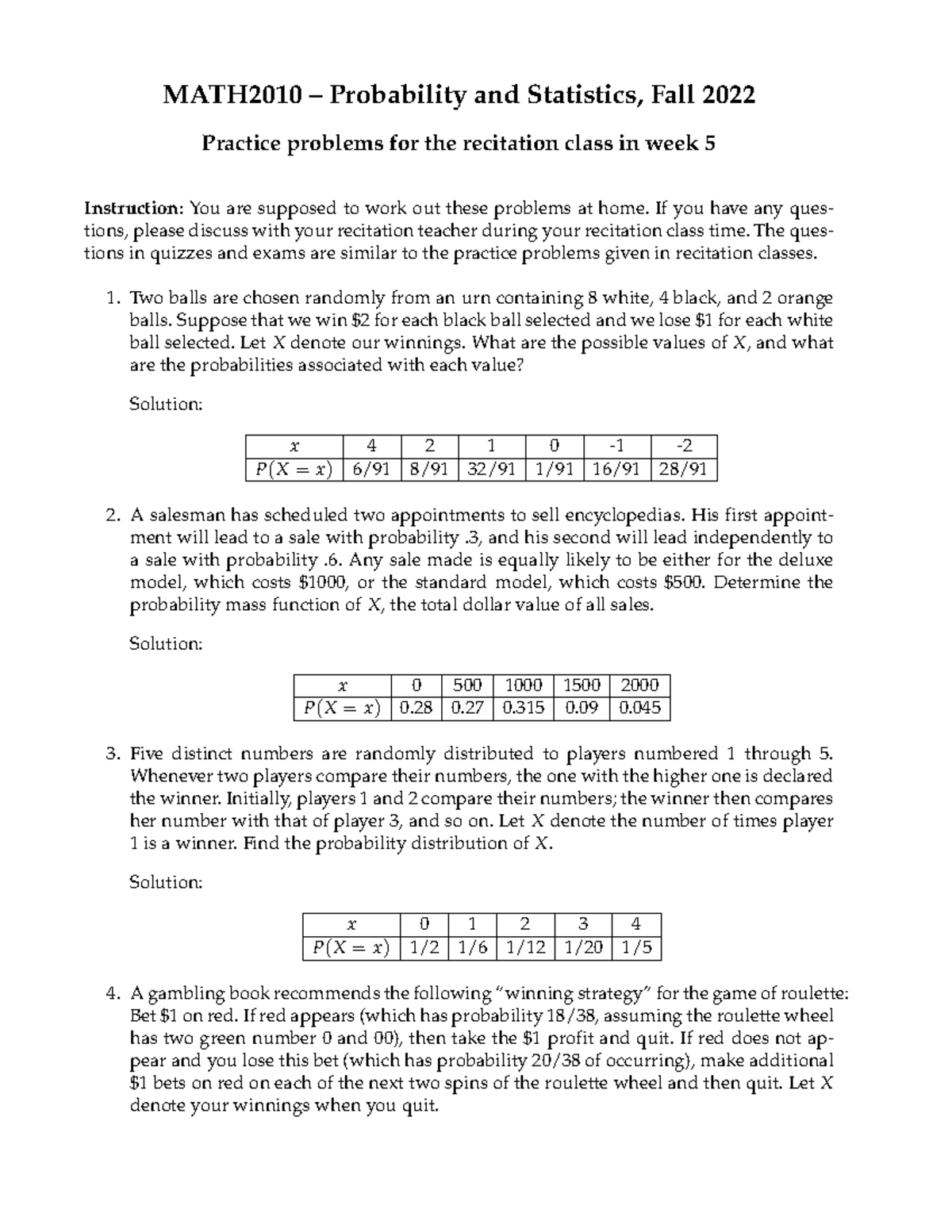 Problem set 4 solution - MATH2010 – Probability and Statistics, Fall 2022 Practice problems for ...