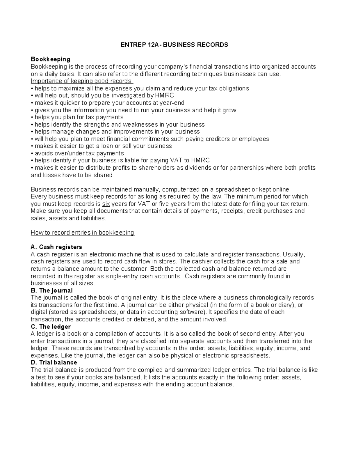 Business RECSbookkepping 2nd qtr - ENTREP 12A- BUSINESS RECORDS ...