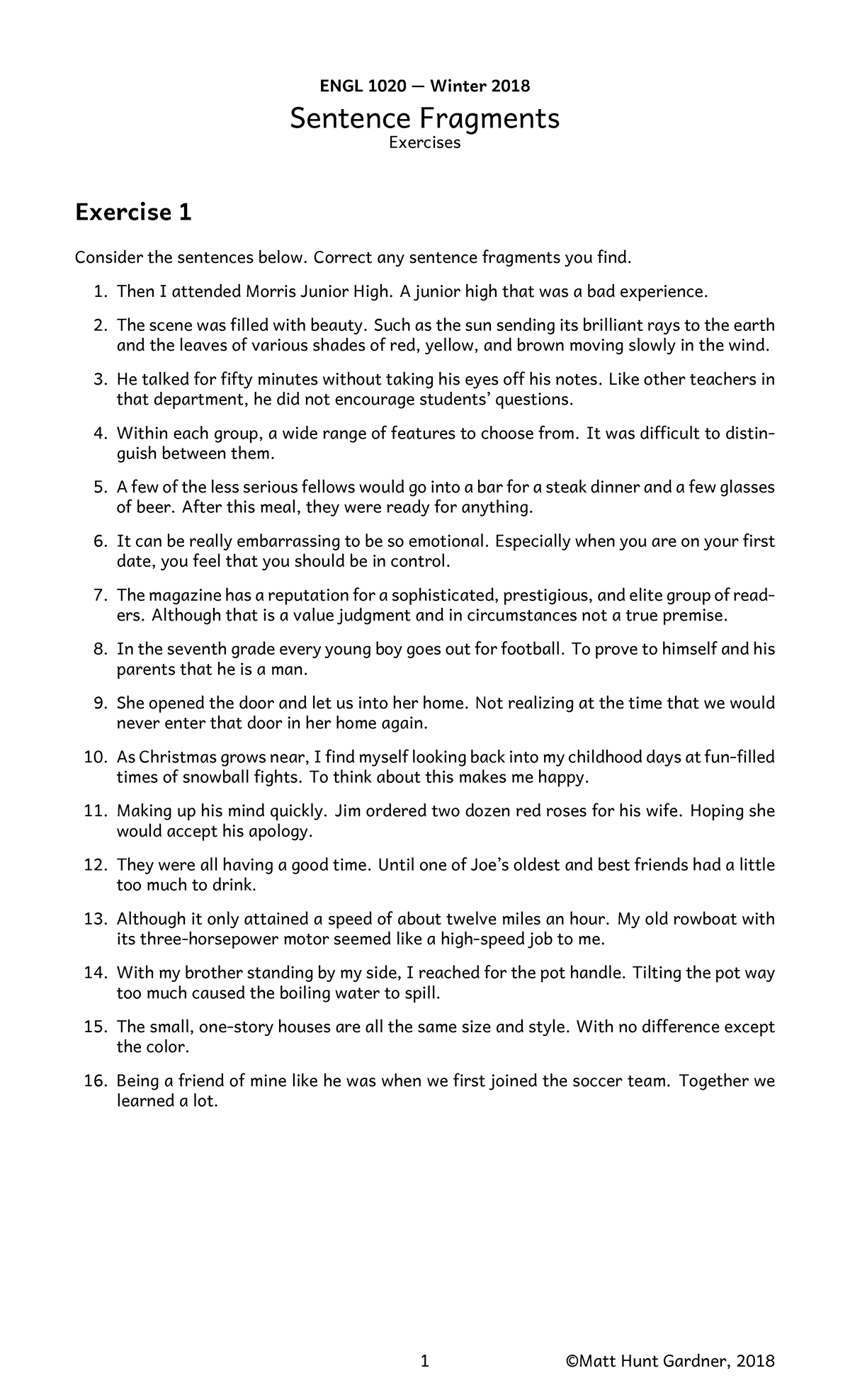 Sentence Fragments - Exercises - ENGL 1020 — Winter 2018 Sentence ...