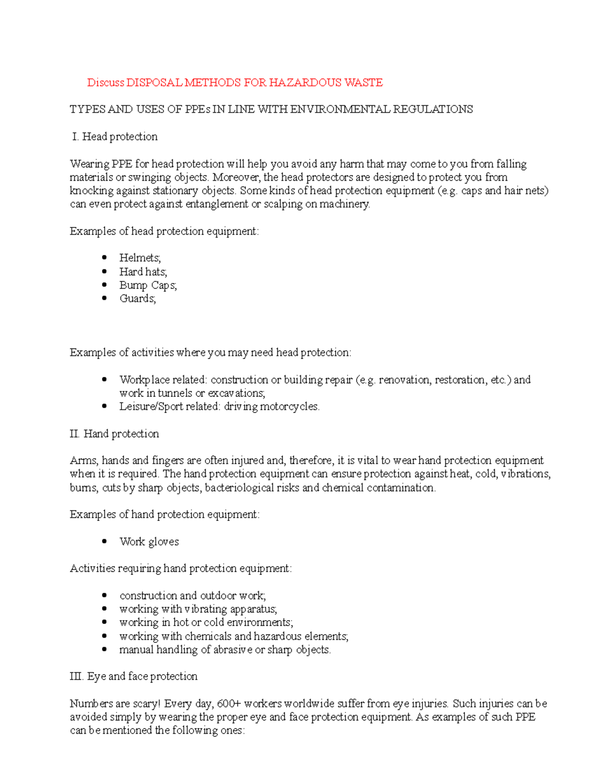 Envl lecturer 2 - note - Discuss DISPOSAL METHODS FOR HAZARDOUS WASTE ...