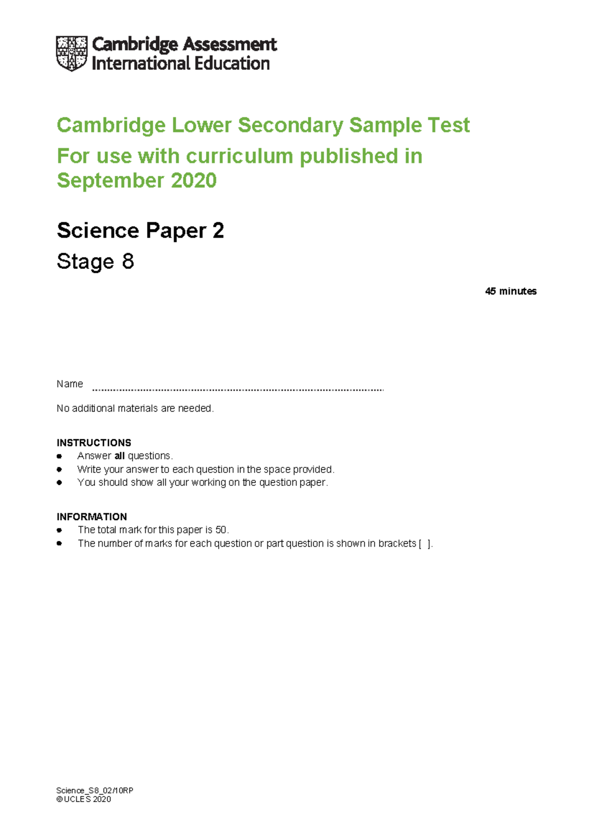 Science Stage 8 Sample Paper 2 tcm143-595705 - Science_S8_02/10RP ...