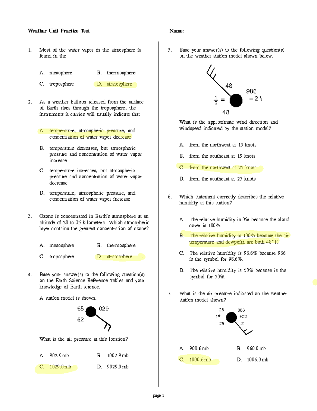 Unit 1 diagnostics (weather) NA - Weather Unit Practice Test Name: Most ...