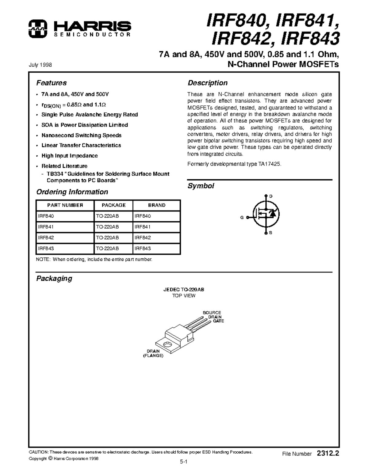 IRF840 Mosfet - Information - SEMICONDUCTOR Features 7A and 8A, 450V ...