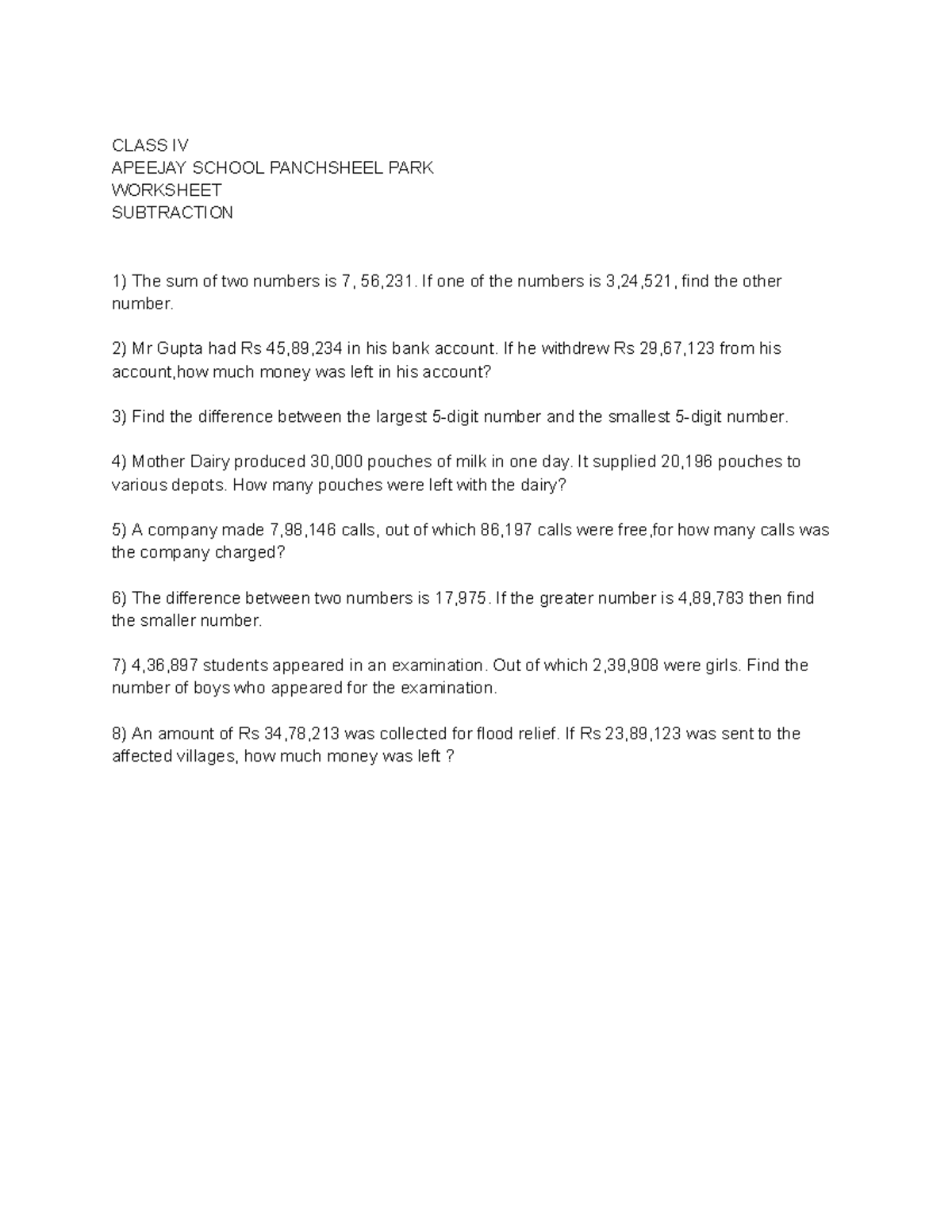 Subtraction worksheet grade 4 - CLASS IV APEEJAY SCHOOL PANCHSHEEL PARK ...