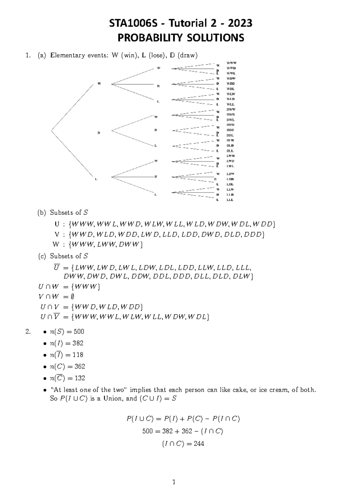 Tutorial 2 - Probability 1 2023 Solutions - STA1006S - Tutorial 2 - 2023 PROBABILITY SOLUTIONS ...