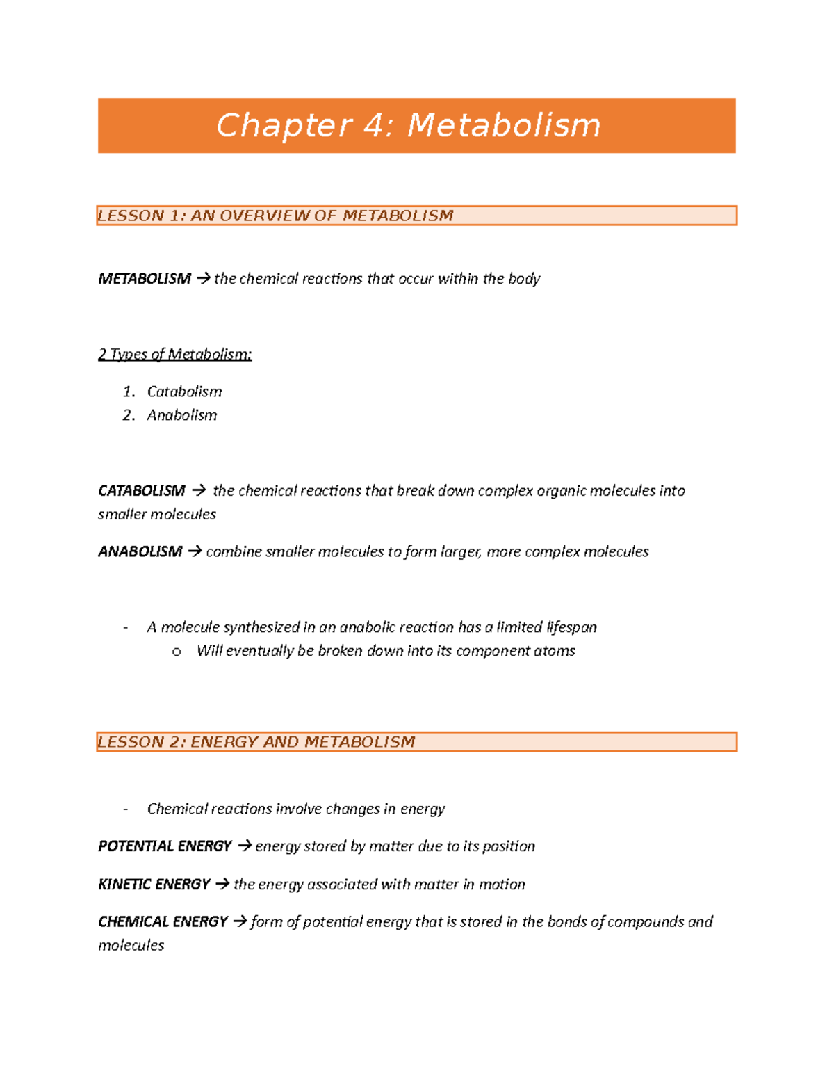 Chapter 4 Notes - Chapter 4: Metabolism LESSON 1: AN OVERVIEW OF ...