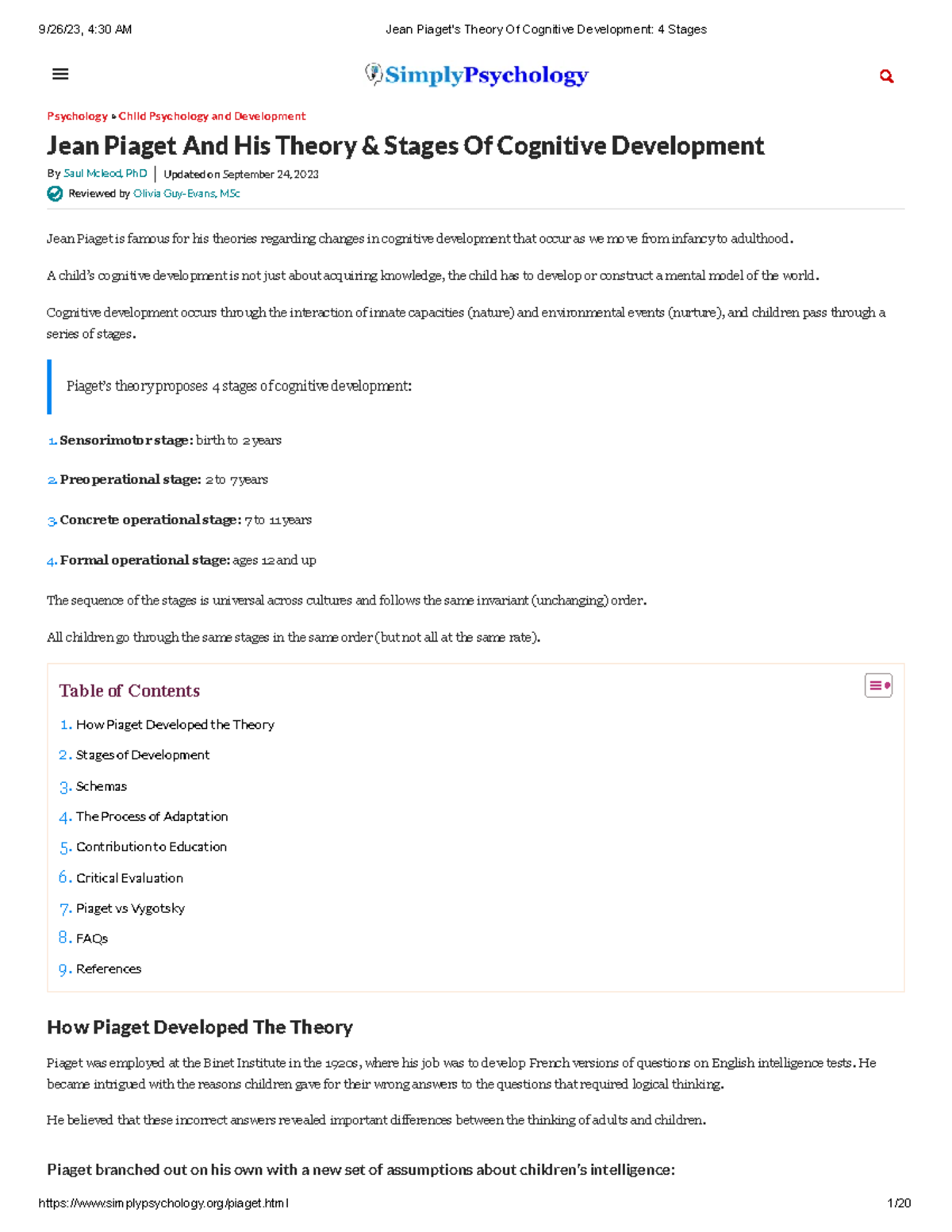 Jean Piaget's Theory Of Cognitive Development 4 Stages - Psychology ...