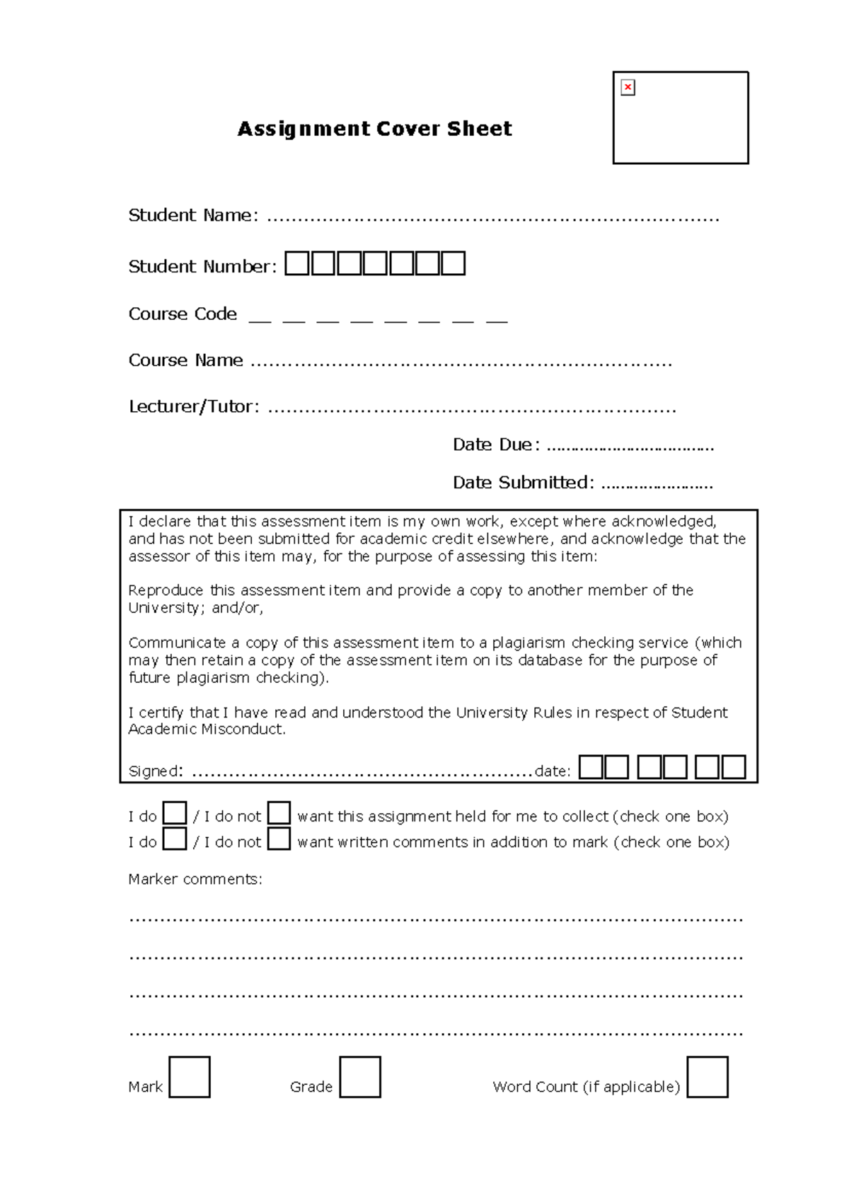 Assignment cover sheet template 0 - Assignment Cover Sheet Student Name ...