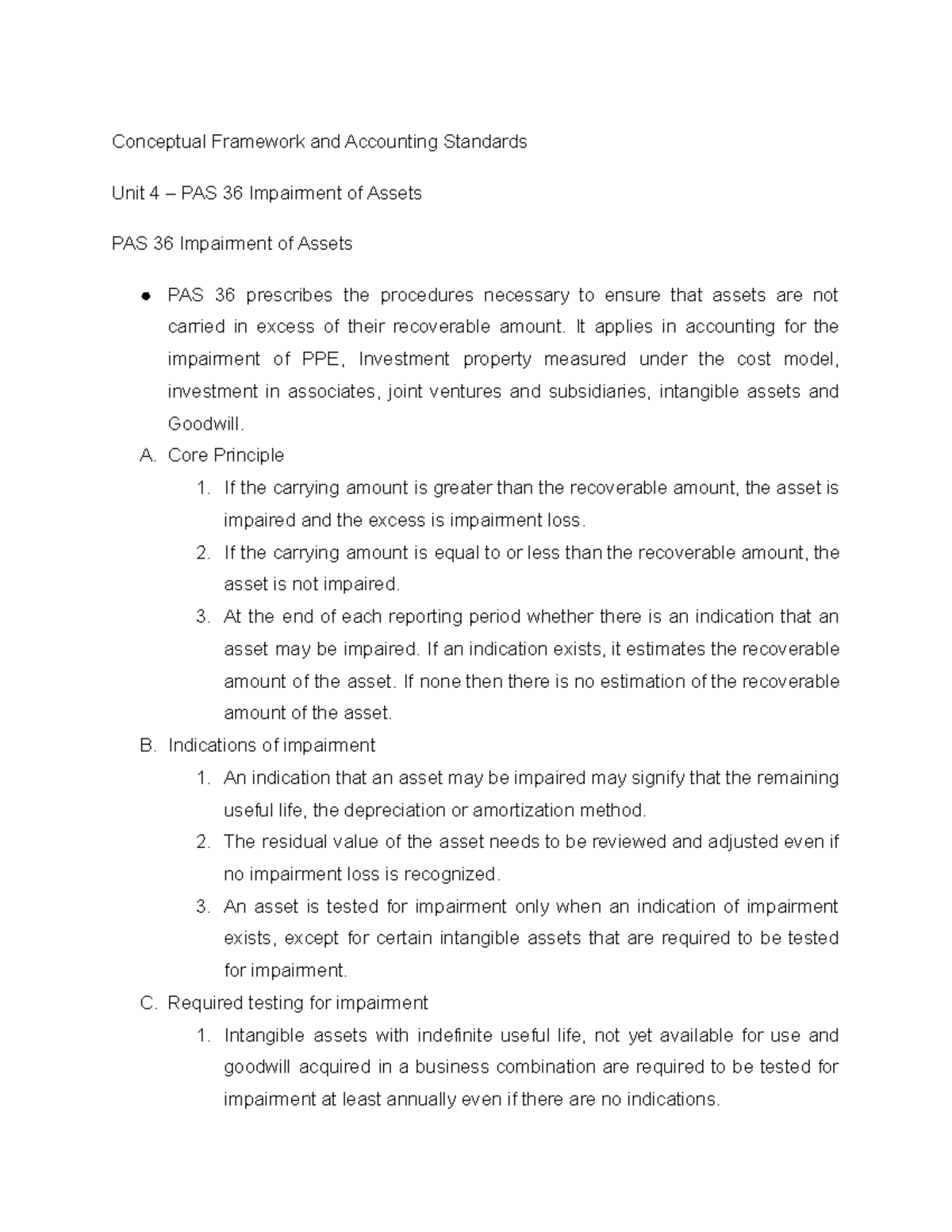 Unit 6 - PAS 36 - Conceptual Framework and Accounting Standards Unit 4 ...