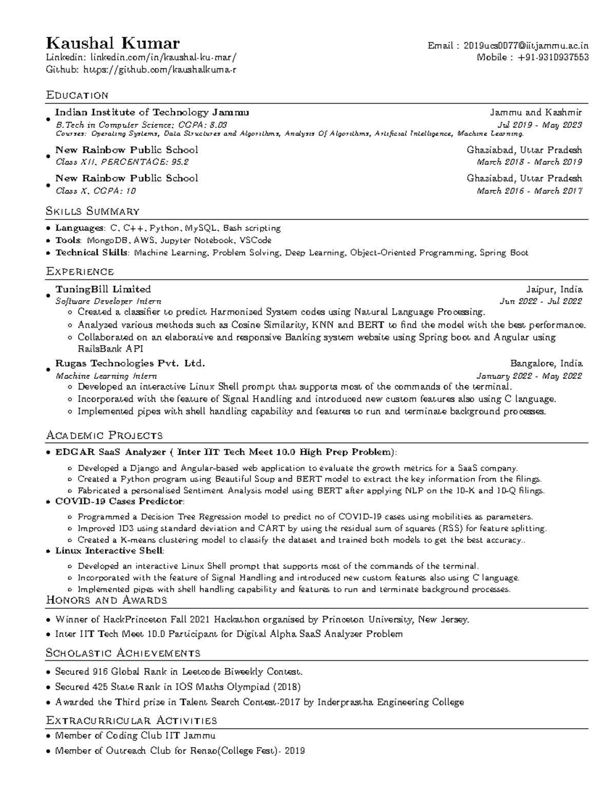 Resume Shubhi Rani Apr 2019 - Kaushal Kumar Email : 2019ucs0077 ...
