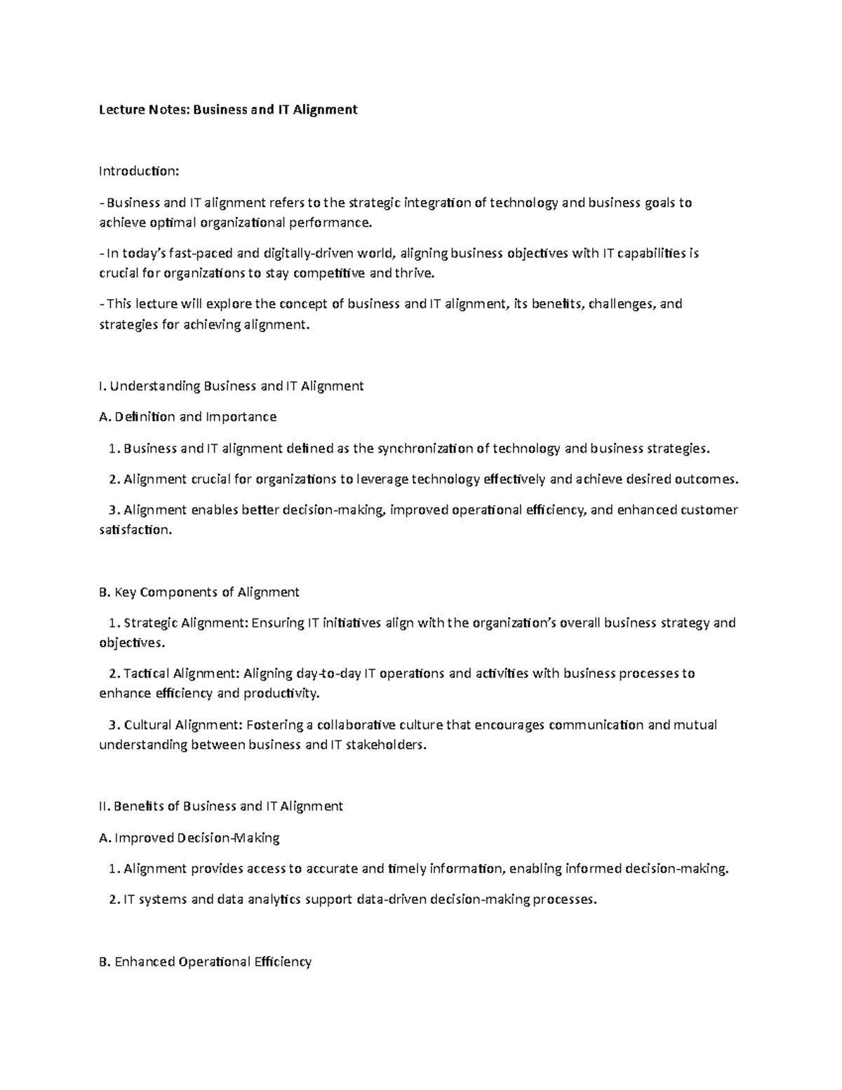 Lecture Notes: Business and IT Alignment - Lecture Notes: Business and ...