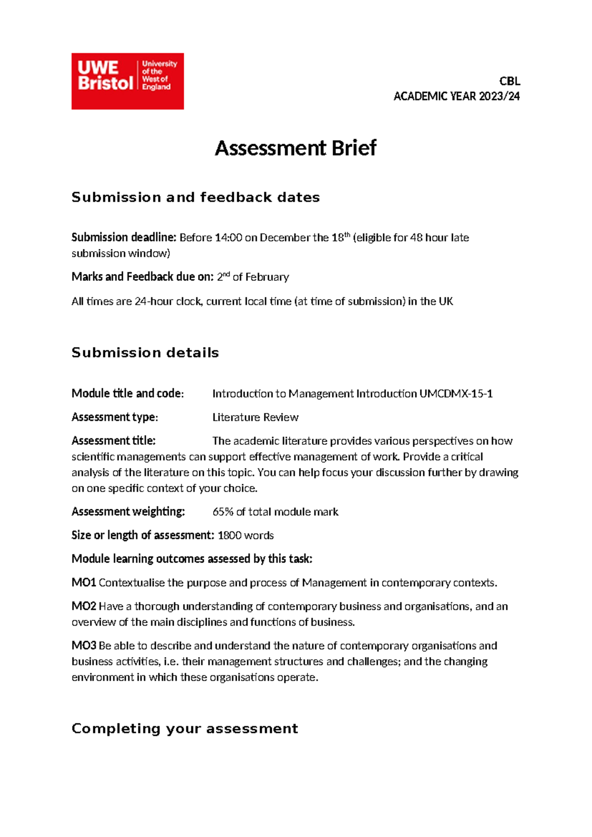 Itm lit review brief(1) - CBL ACADEMIC YEAR 2023/ Assessment Brief ...