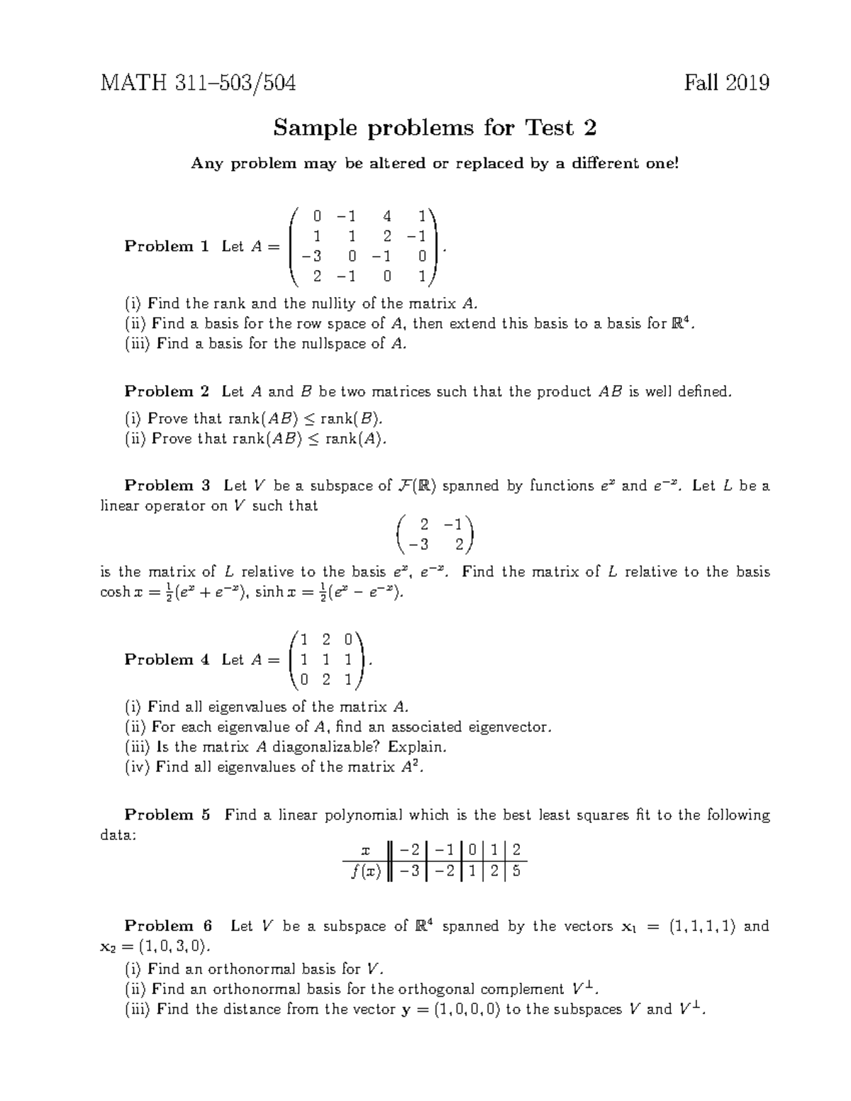MATH 311 Sample Problems for Exam 2 Fall 2019 - MATH 311–503/504 Fall ...