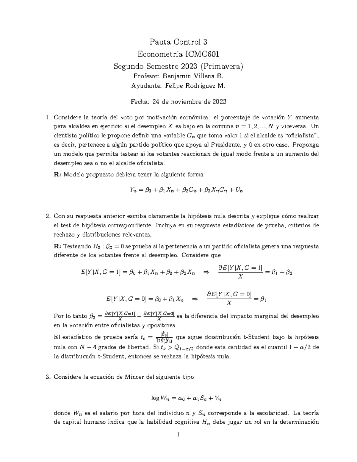 Pauta control 3 2023 2 - ewewew - Pauta Control 3 Econometr ́ıa ICMC Segundo Semestre 2023 - Studocu