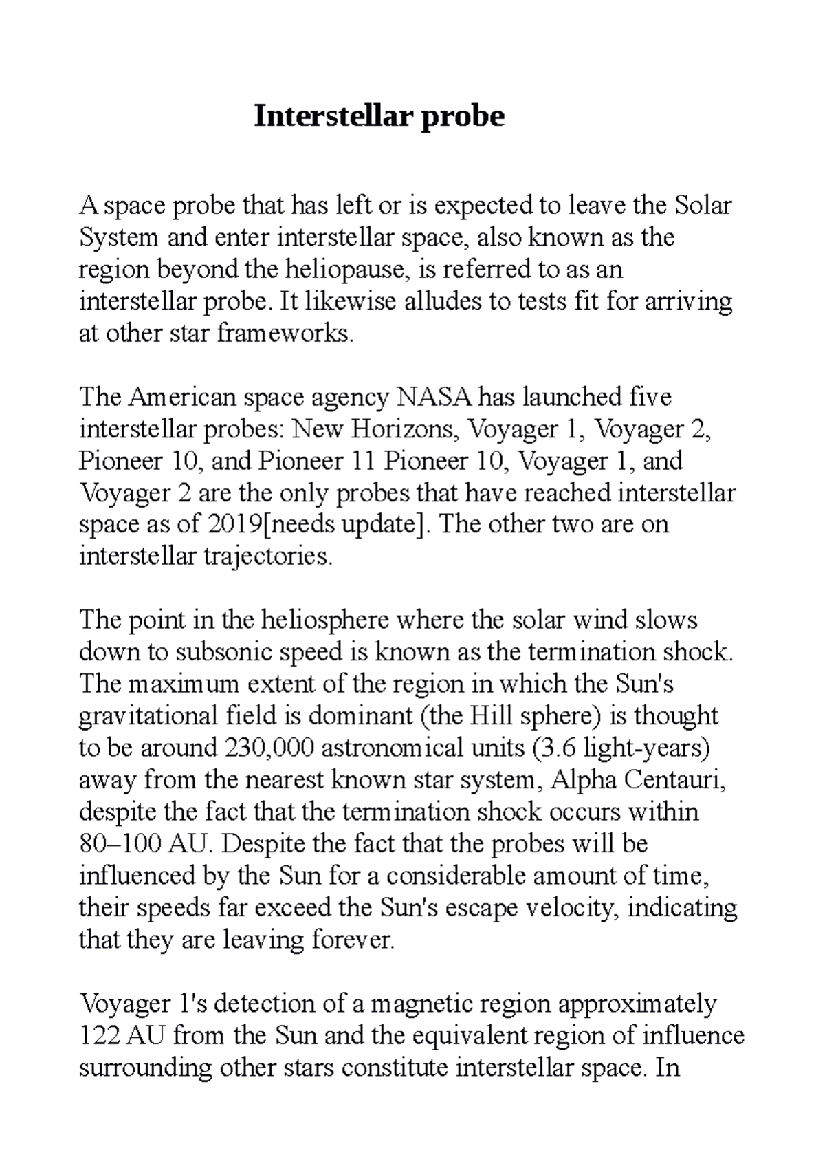 Interstellar probe - Vasanti - Interstellar probe A space probe that ...