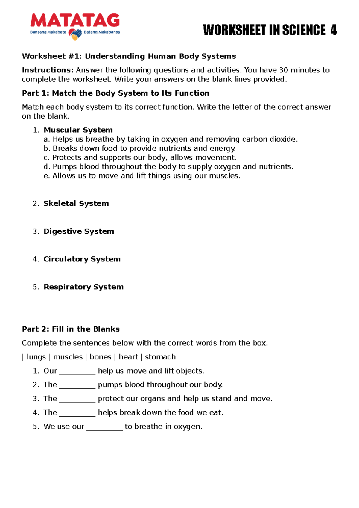G4 Q2 Worksheet Science - Worksheet #1: Understanding Human Body ...
