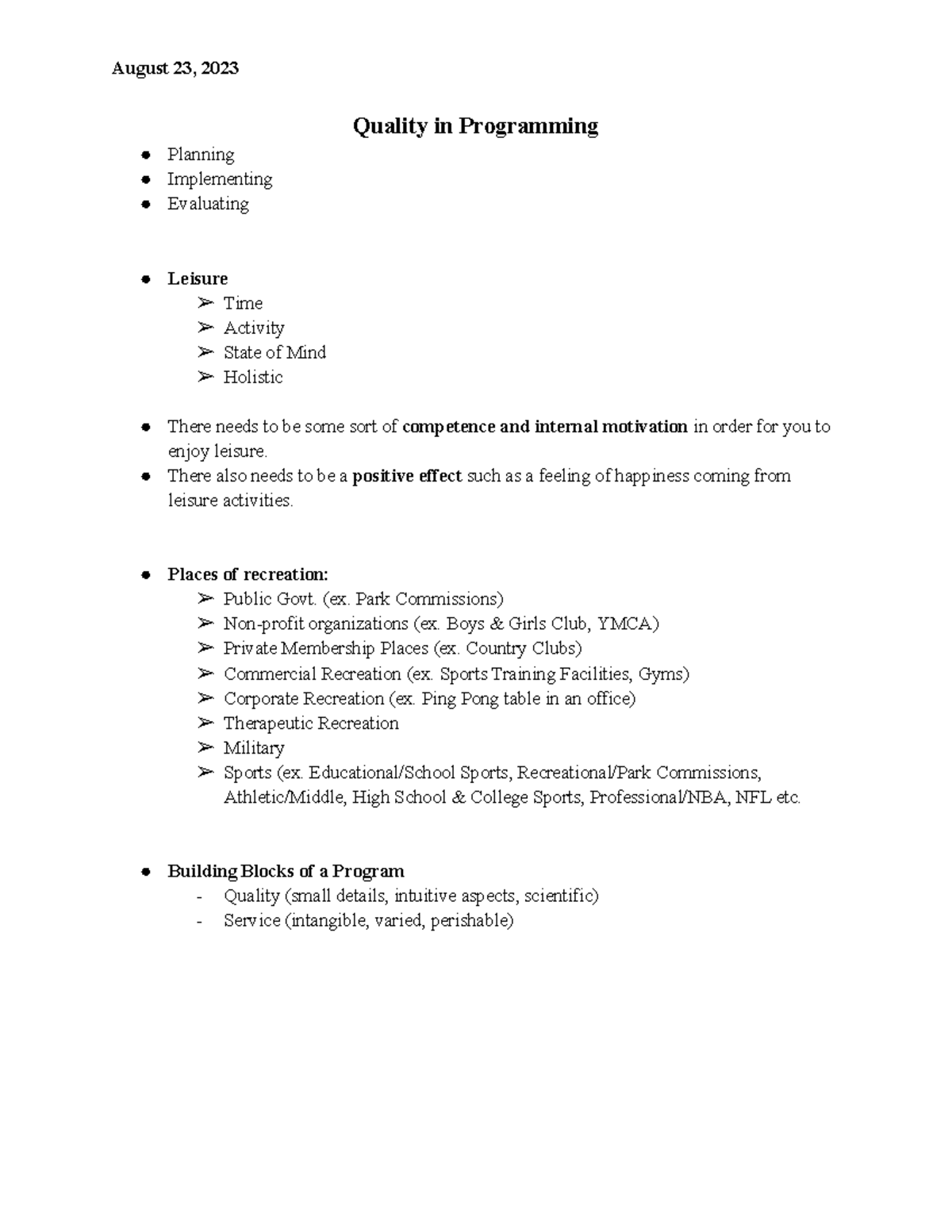 SRA 302 Lecture 1 Notes - August 23, 2023 Quality in Programming ...