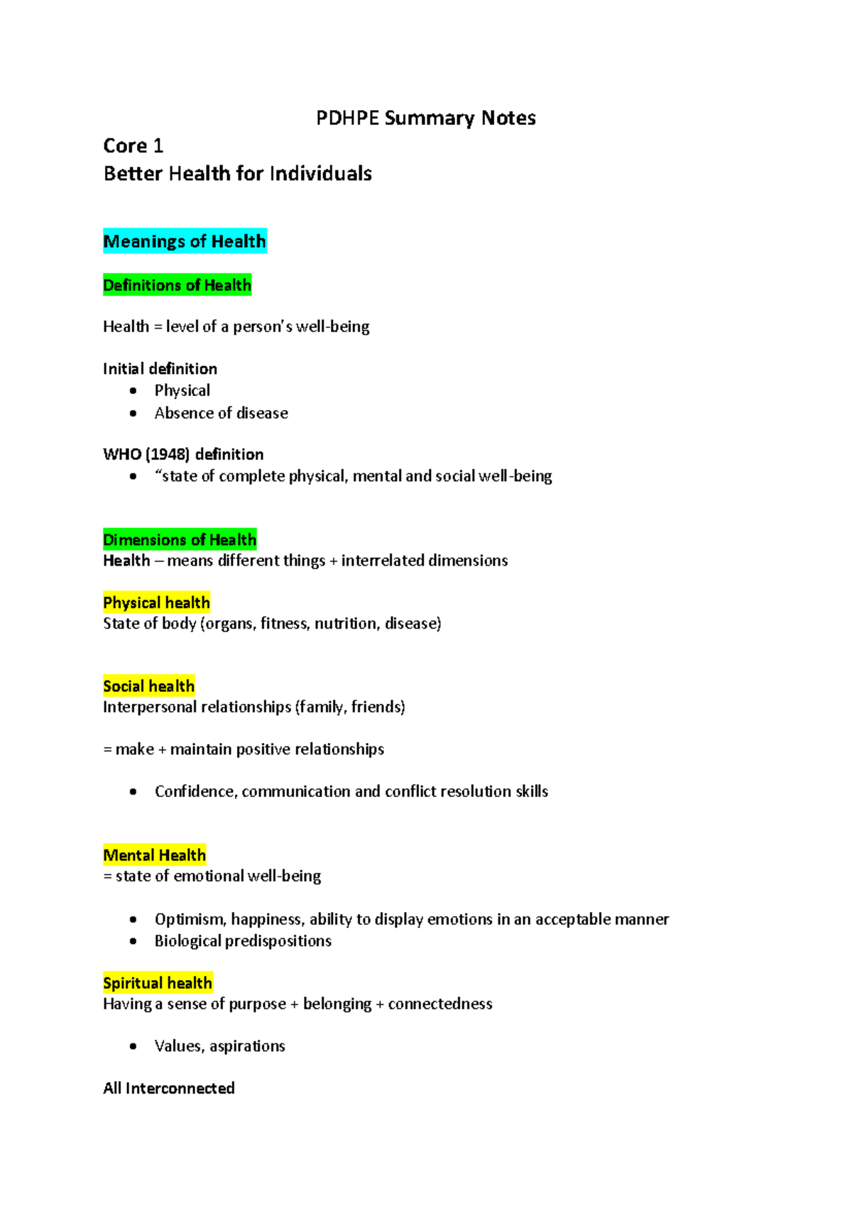 PDH Core 1 Prelim Notes - PDHPE Summary Notes Core 1 Better Health for ...