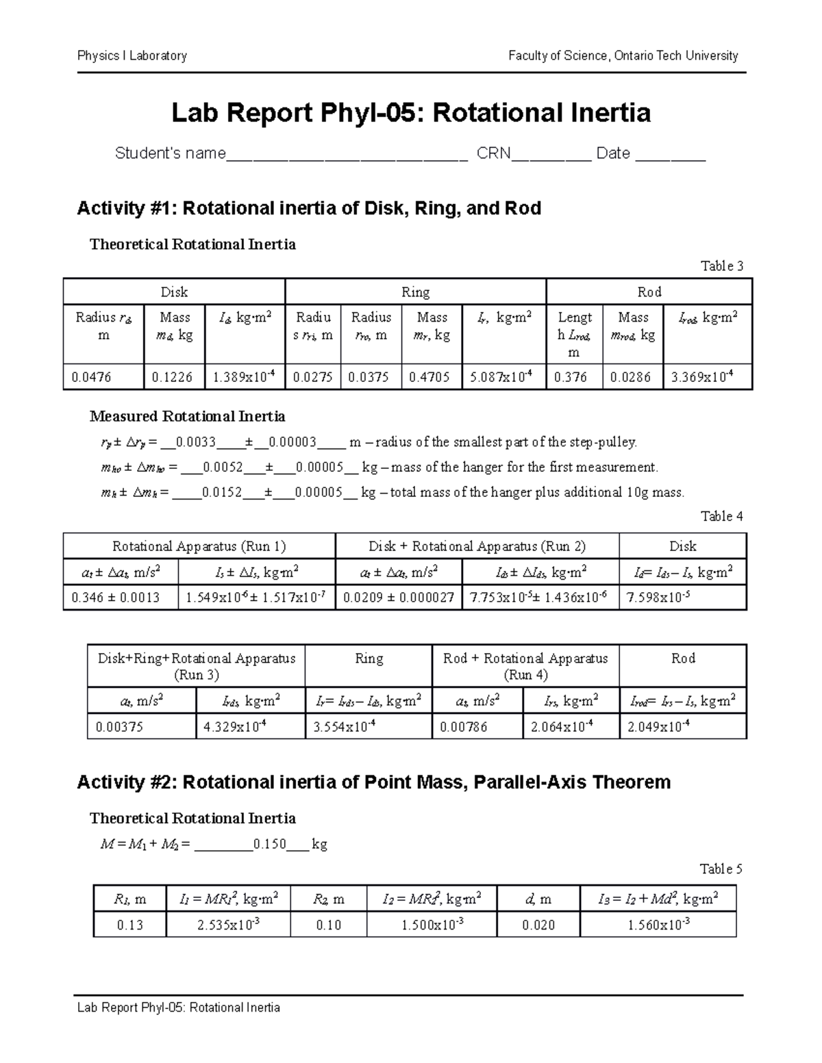 Rotational Inertia Report - Physics I Laboratory Faculty of Science ...