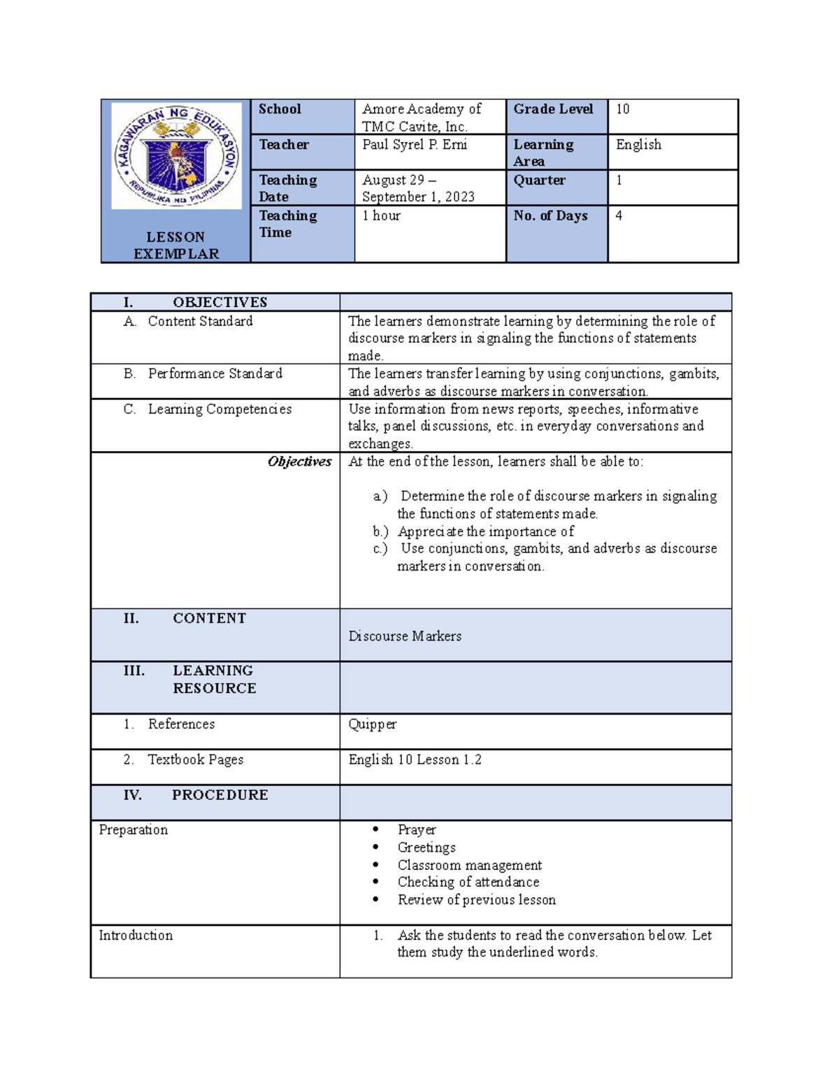 Discourse Markers - LESSON EXEMPLAR School Amore Academy of TMC Cavite ...