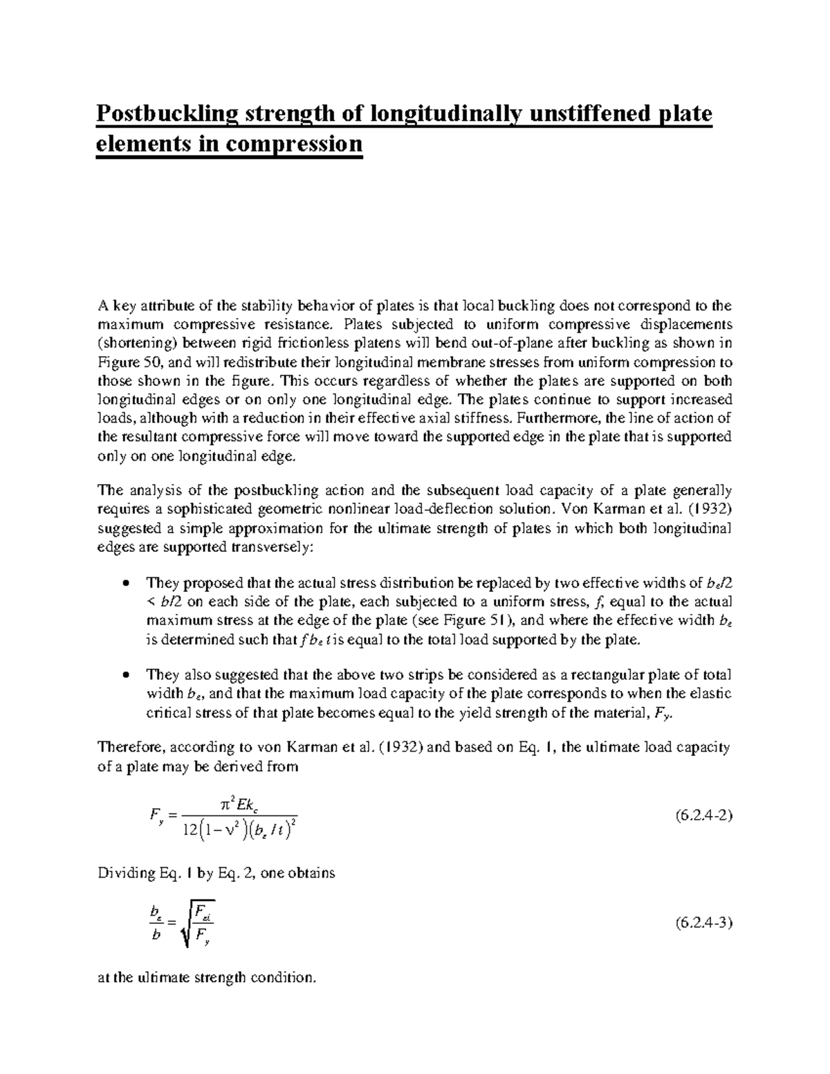 Postbuckling strength of longitudinally unstiffened plate elements in ...