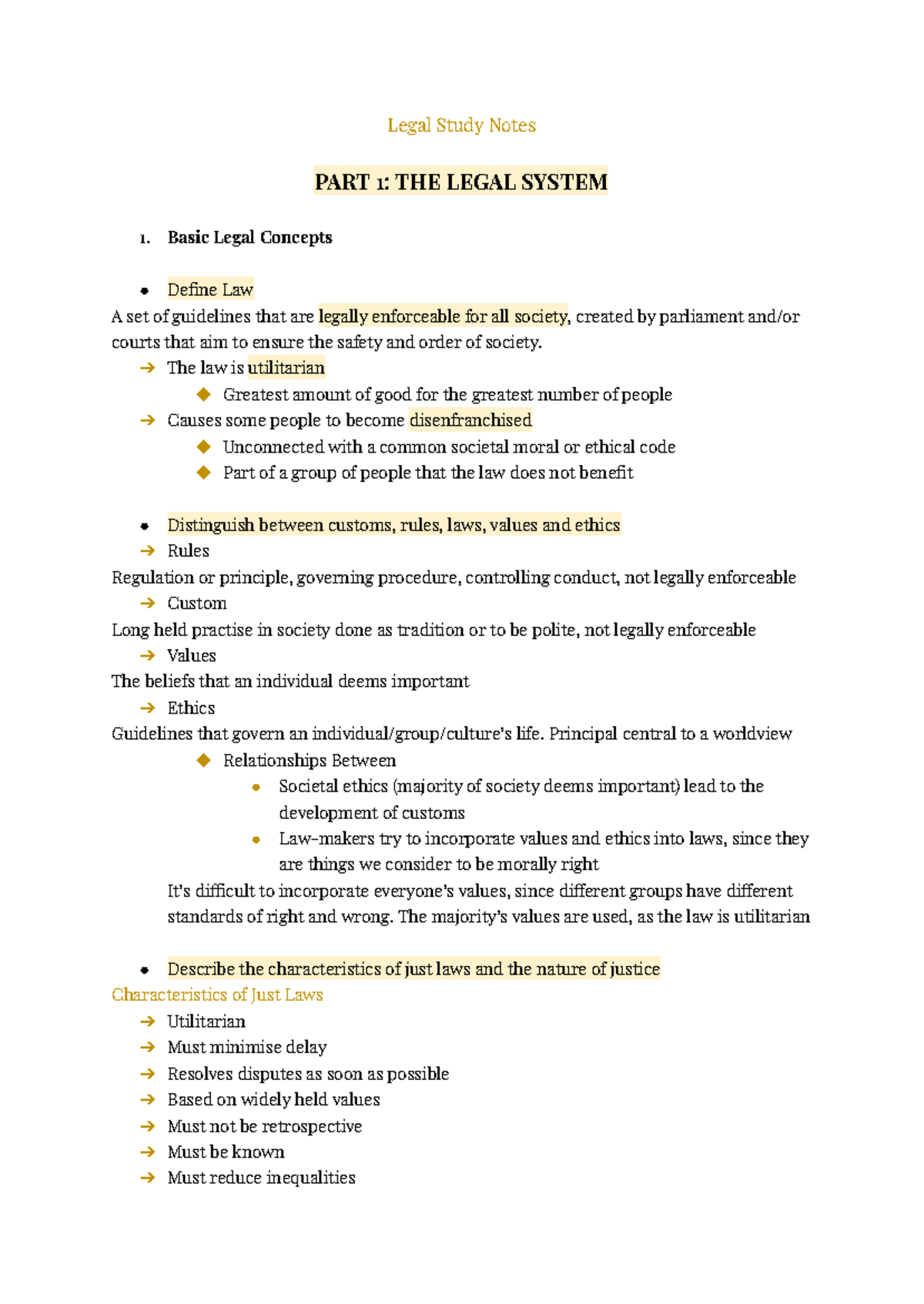 Legal Study Notes - Legal Study Notes PART 1: THE LEGAL SYSTEM Basic ...