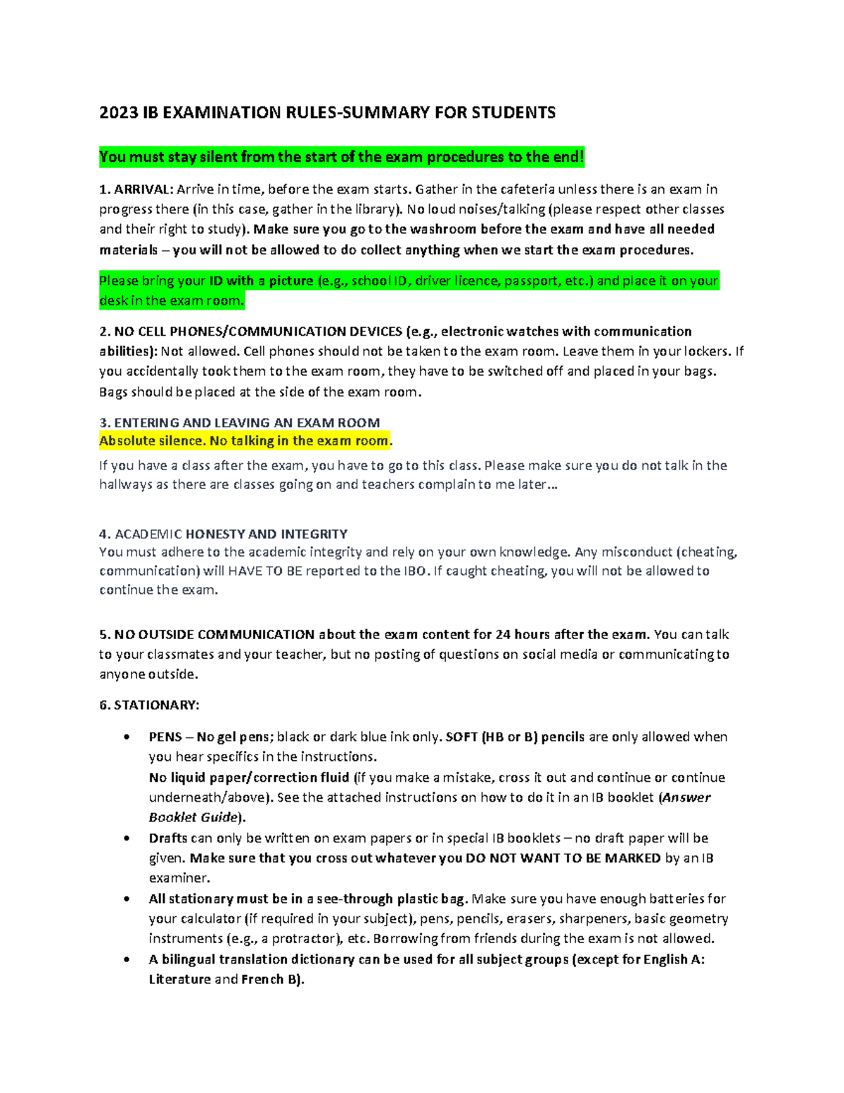 2023-05 Information for Students - 2023 IB EXAMINATION RULES-SUMMARY ...