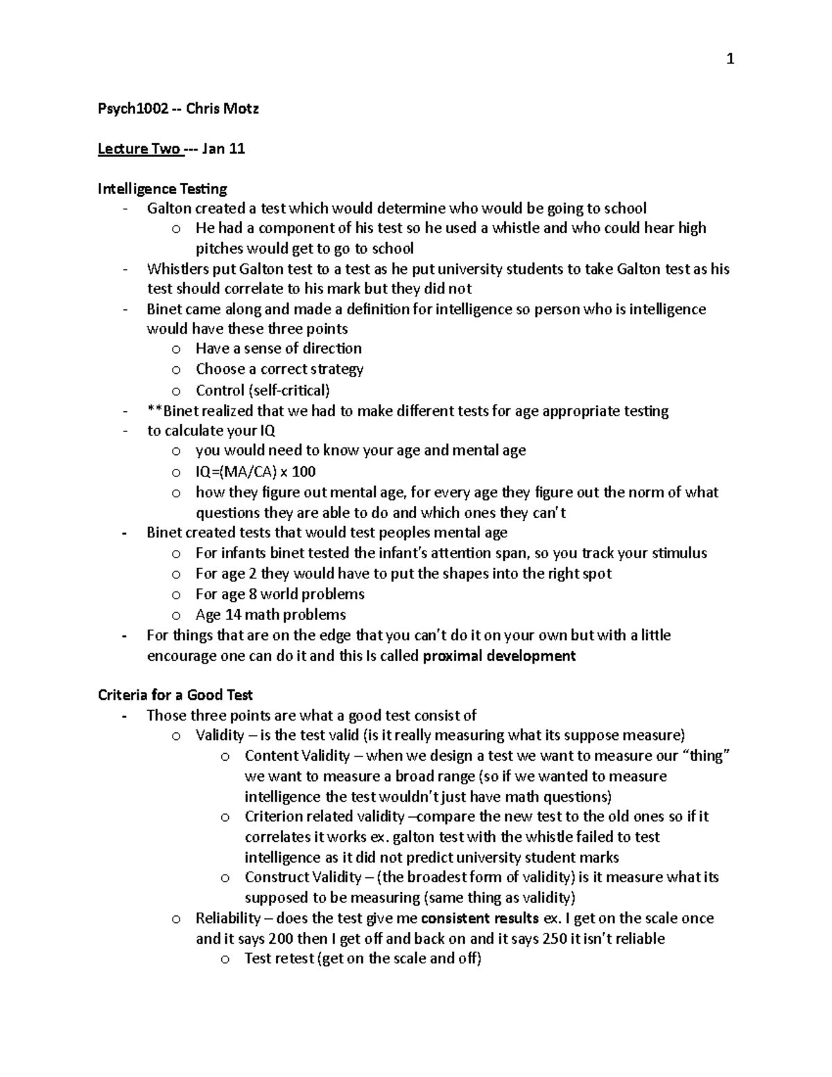 Psych 1002 - Lecture notes 1-8 - 1 Psych1002 - Chris Motz Lecture Two ...