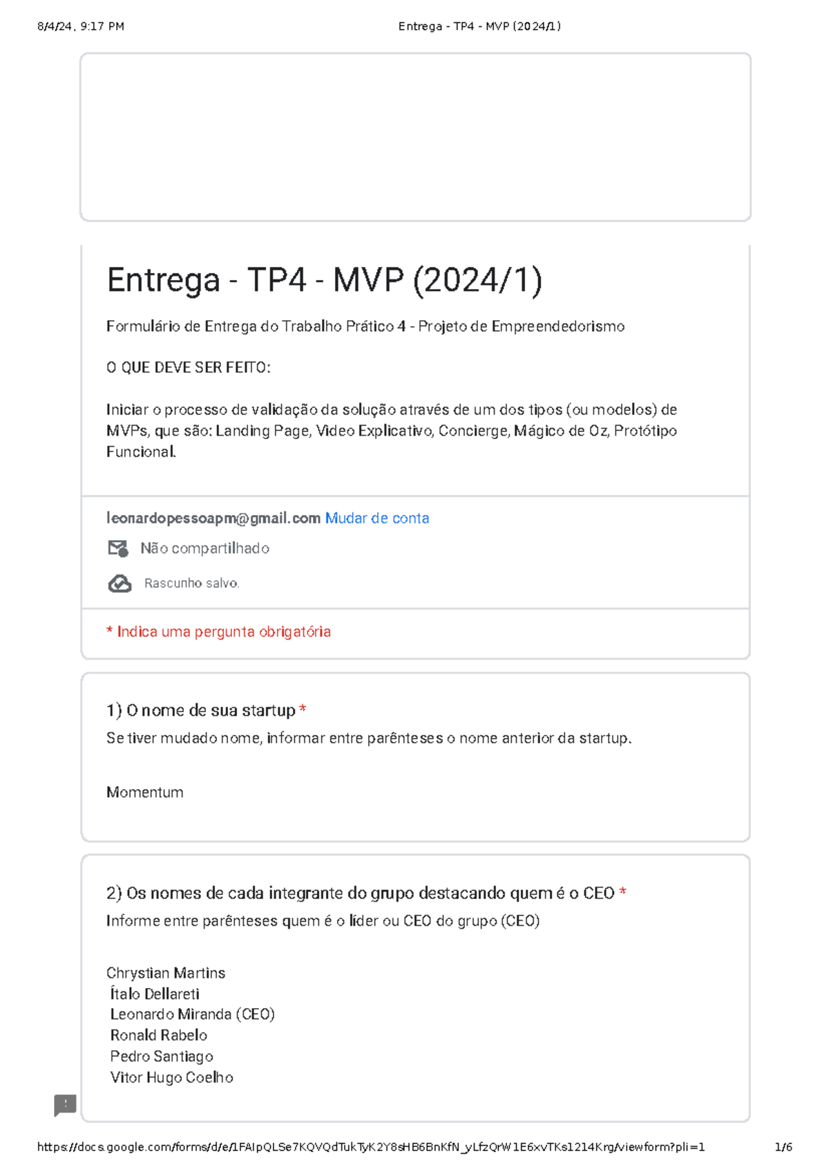 Entrega - TP4 - MVP (2024 1) - Entrega - TP4 - MVP (2024/1) Formulário de Entrega do Trabalho ...