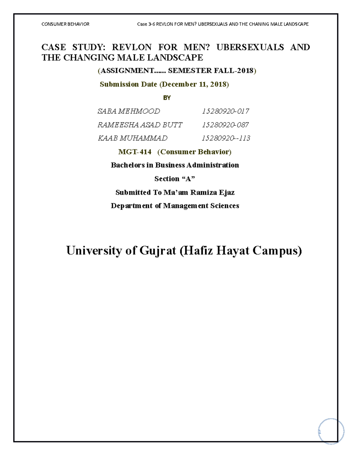 CB Men Case Study - Lecture notes 2 - CONSUMER BEHAVIOR Case 3-6 REVLON ...