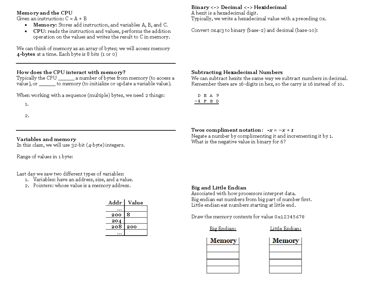 1a-worksheet - 12131 - Memory and the CPU Given an instruction: C = A ...