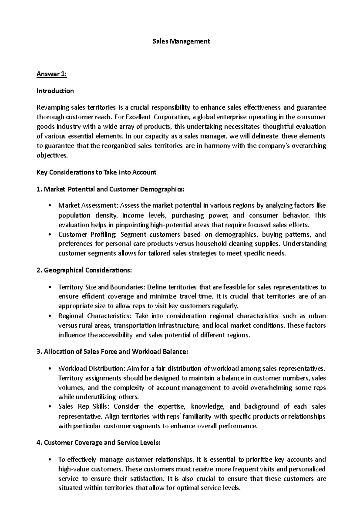 Sales management - Important - Sales Management Answer 1: Introduc on ...