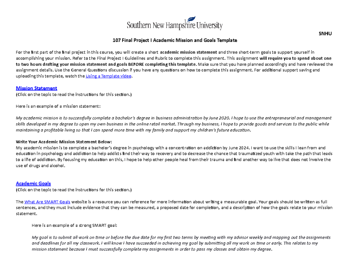 Academic Mission Statement and Goals Template - SNHU 107 Final Project ...