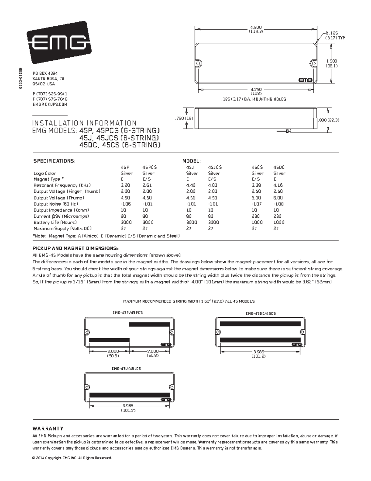 45 bass 0230-0193rb - fgh - INSTALLATION INFORMATION EMG MODELS: 45P ...