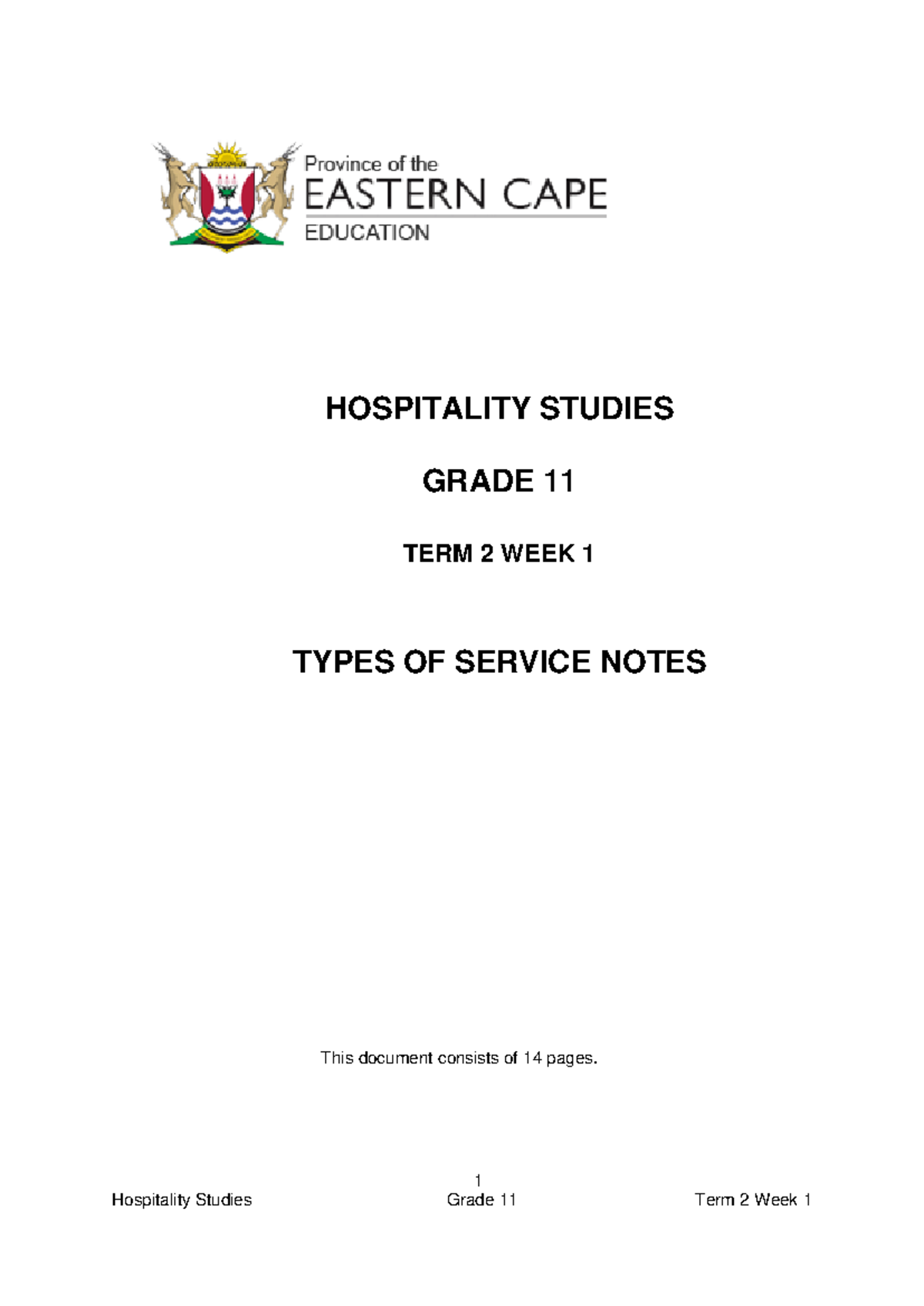 Hosp Studies Gr 11 Types of Service Notes - 1 HOSPITALITY STUDIES GRADE ...