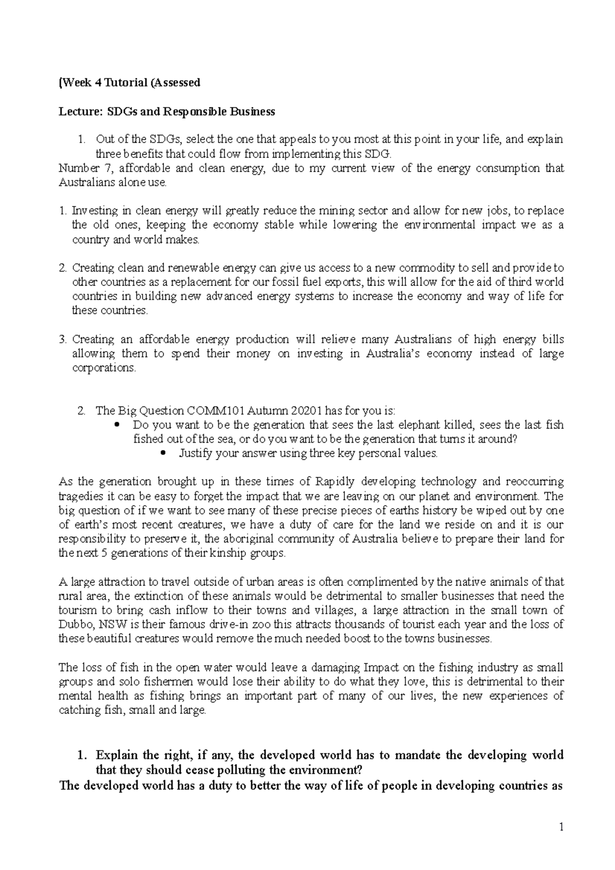 tut Week 4 questions - (Week 4 Tutorial (Assessed Lecture: SDGs and Responsible Business Out of ...